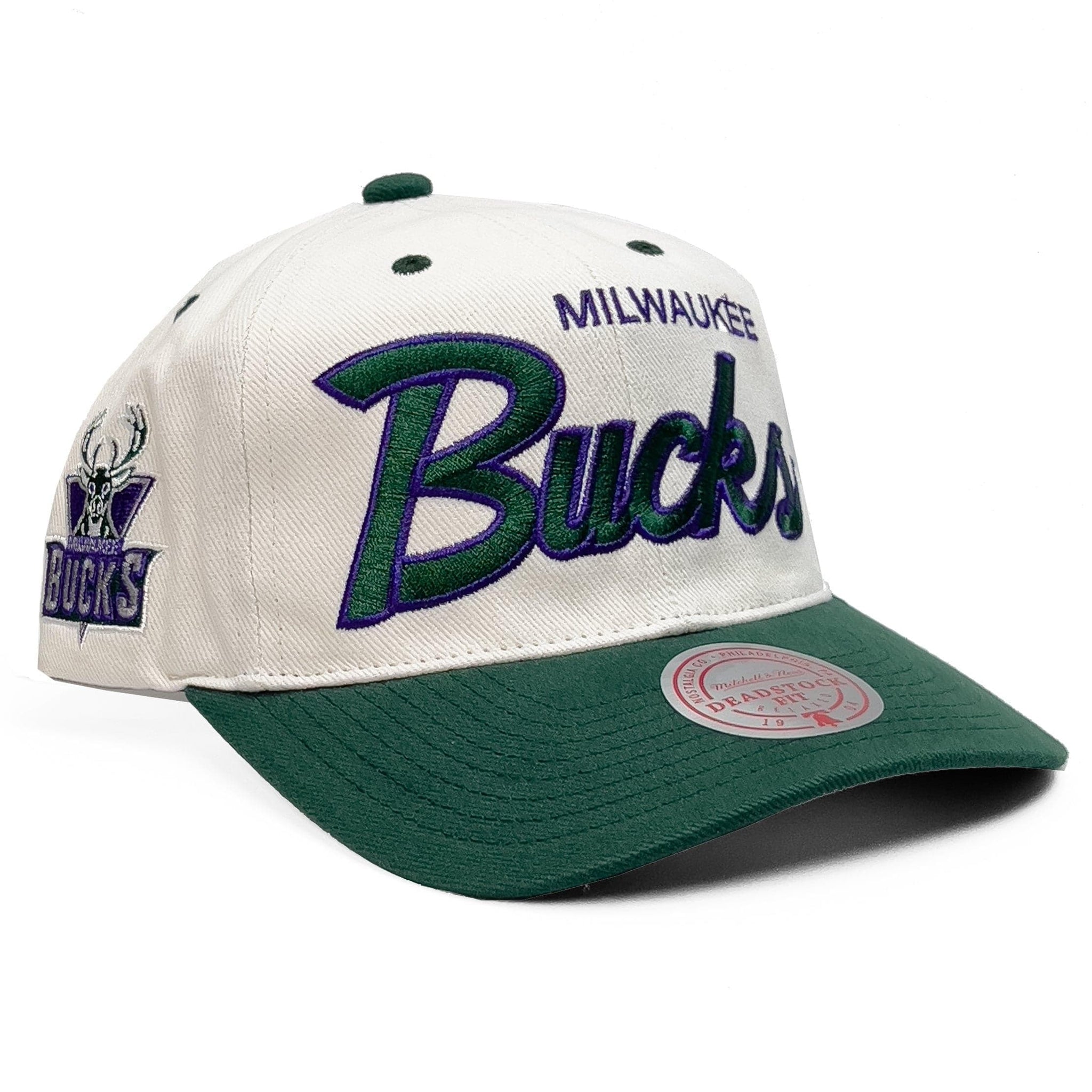 Milwaukee Bucks Mitchell & Ness NBA HWC Script Deadstock Snapback Hat ...