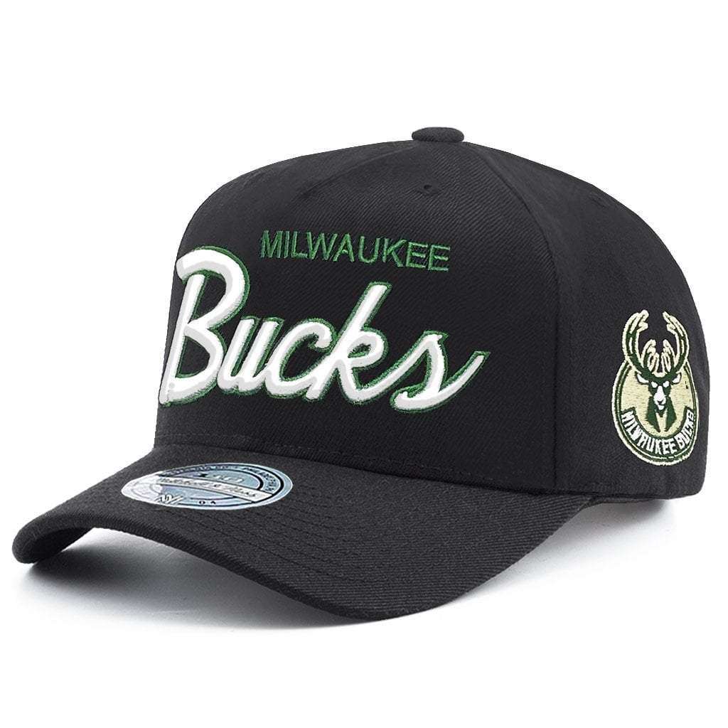 Milwaukee Bucks Mitchell & Ness NBA Team Script 110 Curved Snapback Ha ...